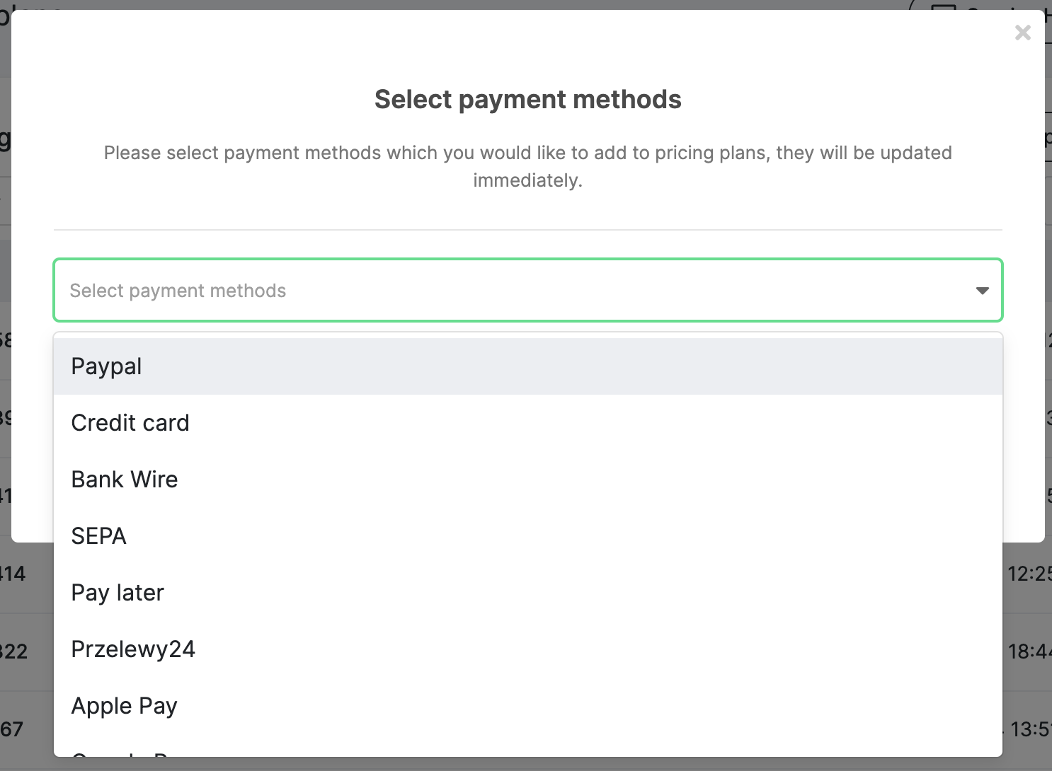 Change payment method for all / multiple pricing plans