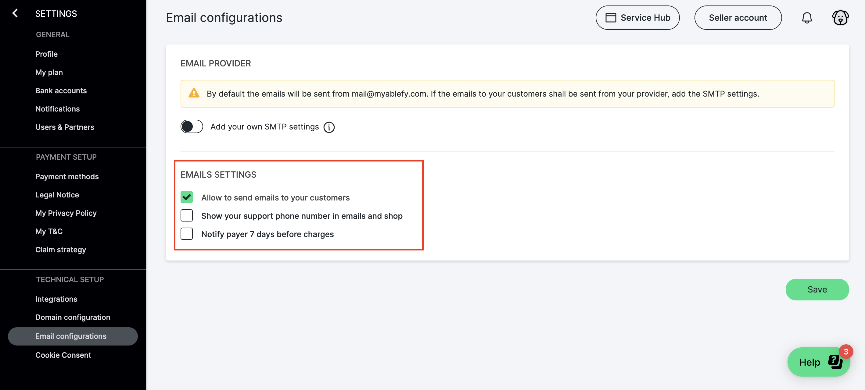 Settings for emails to customers